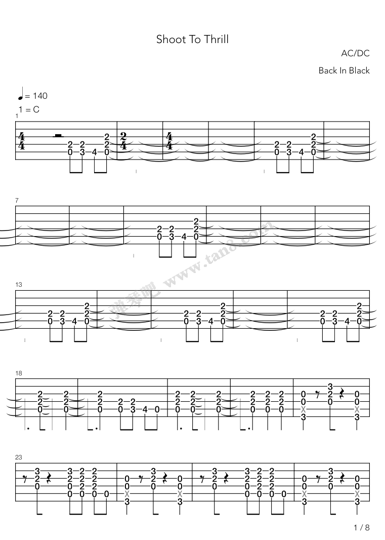 《Shoot To Thrill》,AC/DC（六线谱 吉他谱）--弹琴吧(原蛐蛐钢琴网)，吉他入门，钢琴入门，优质吉他谱，钢琴谱尽在弹琴吧