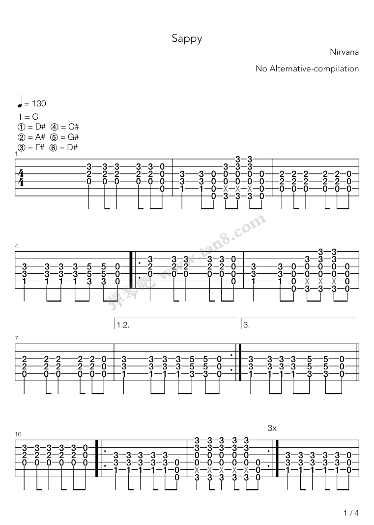 《Sappy》,Nirvana（六线谱 吉他谱）--弹琴吧(原蛐蛐钢琴网)，吉他入门，钢琴入门，优质吉他谱，钢琴谱尽在弹琴吧
