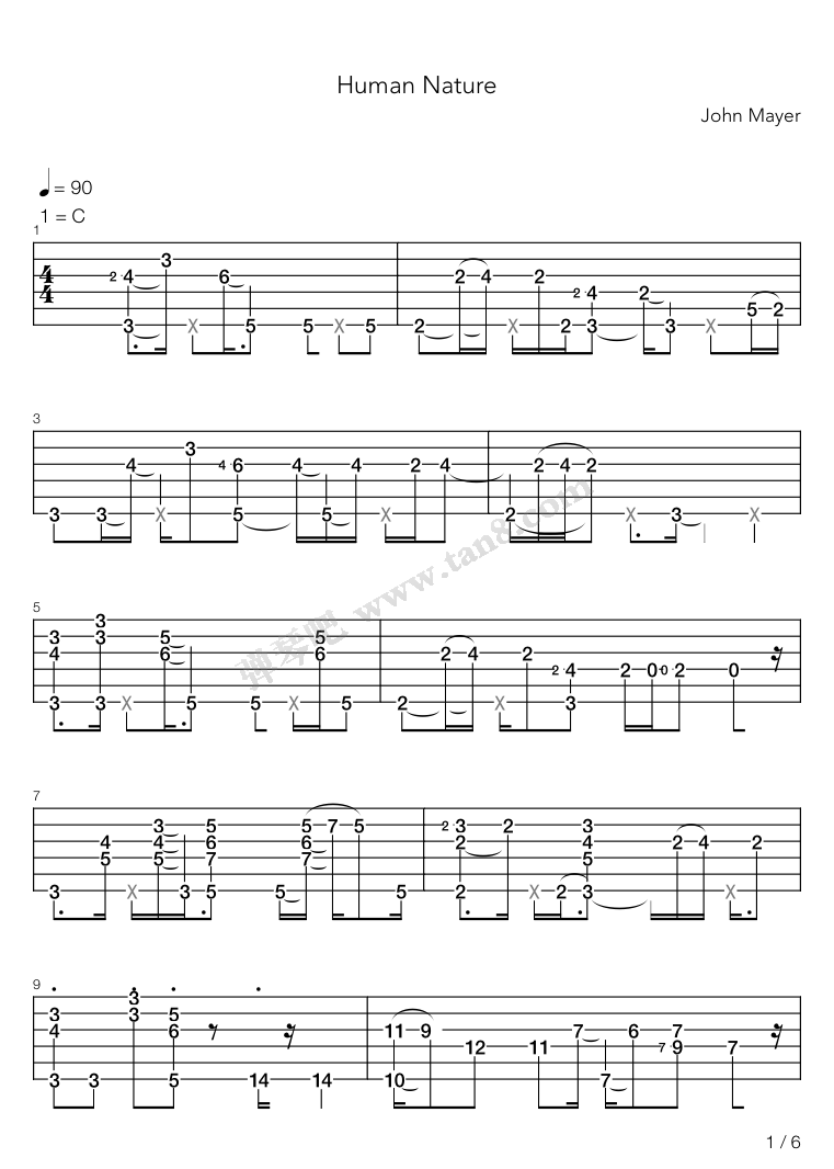 《Human Nature》,John Mayer（六线谱 吉他谱）--弹琴吧(原蛐蛐钢琴网)，吉他入门，钢琴入门，优质吉他谱，钢琴谱尽在弹琴吧