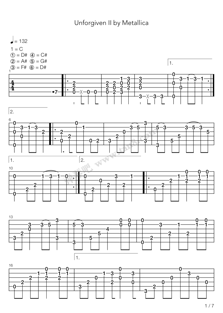 《The Unforgiven Ii (Fingerstyle)》,Metallica（六线谱 吉他谱）--弹琴吧(原蛐蛐钢琴网)，吉他入门 ...