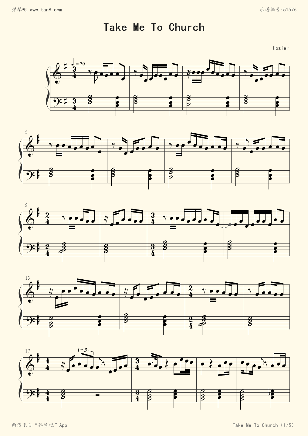 《Take Me to Church-Hozier,钢琴谱》Hozier（五线谱 钢琴曲 指法）-弹吧|蛐蛐钢琴网