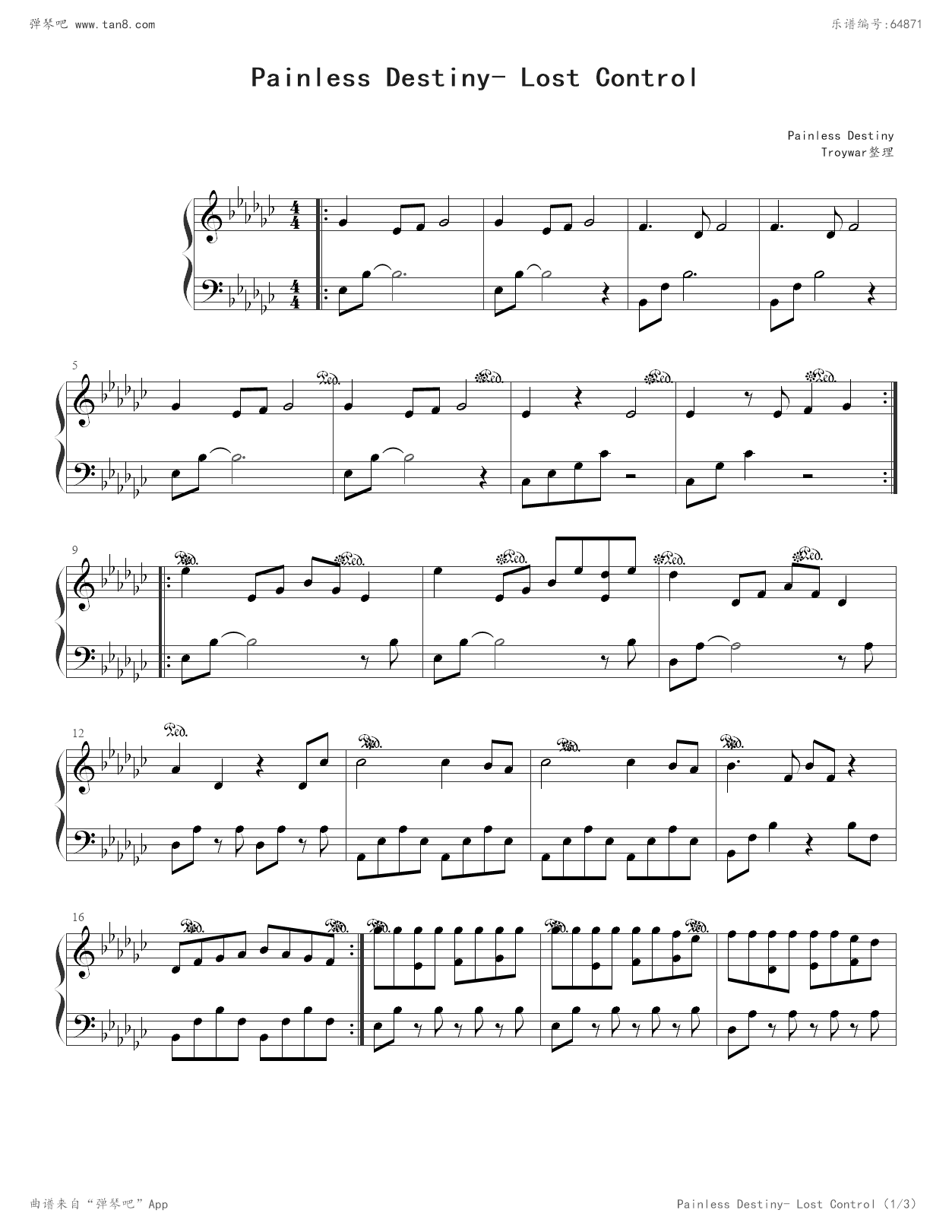 《Lost control,钢琴谱》painless destiny|弹琴吧|钢琴谱|吉他谱|钢琴曲|乐谱|五线谱|简谱|高清免费下载|蛐蛐钢琴网