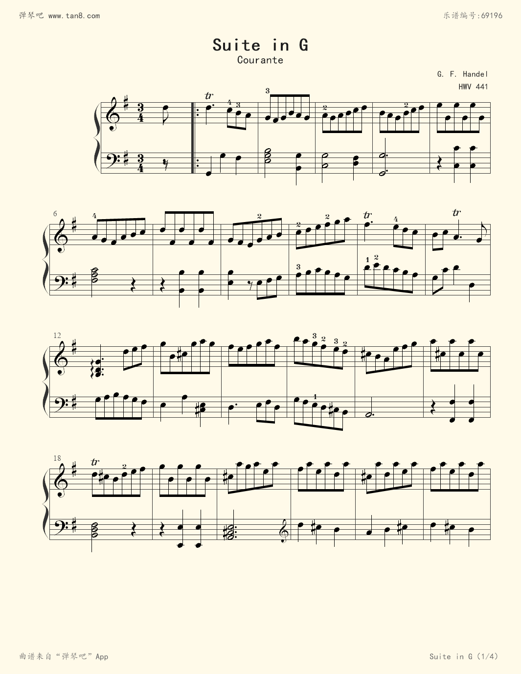 《Suite in G (HWV 441,钢琴谱》 3. Courante,G. F. Handel（五线谱 钢琴曲 指法）-弹吧|蛐蛐钢琴网