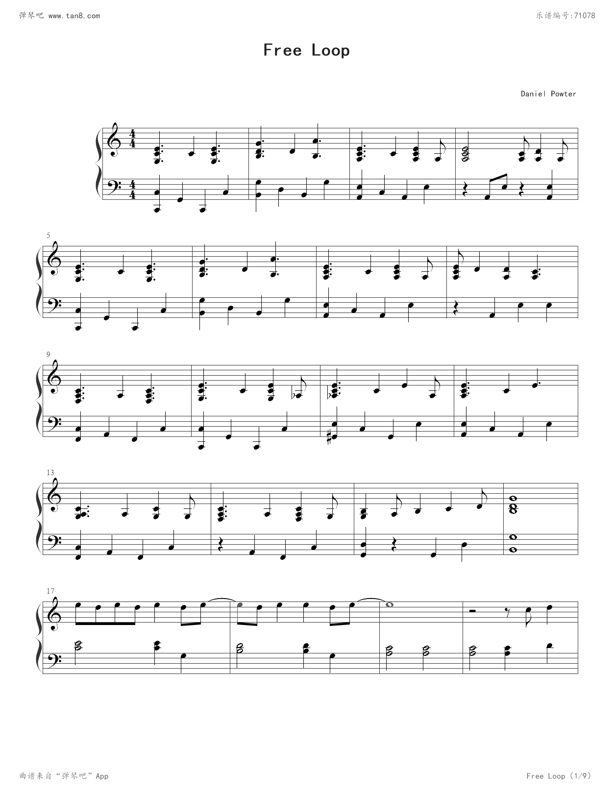 《Free Loop,钢琴谱》Daniel Powter|弹琴吧|钢琴谱|吉他谱|钢琴曲|乐谱|五线谱|简谱|高清免费下载|蛐蛐钢琴网