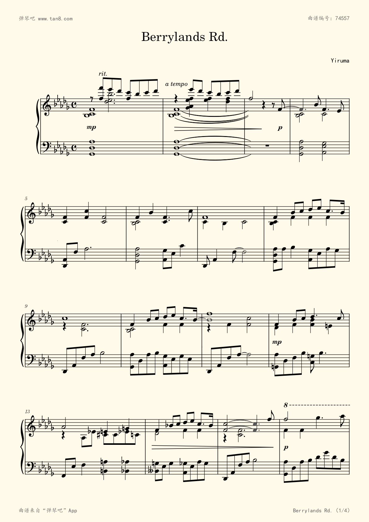 钢琴谱 - Berrylands Rd.（yiruma.李闰珉《Room With A View》）