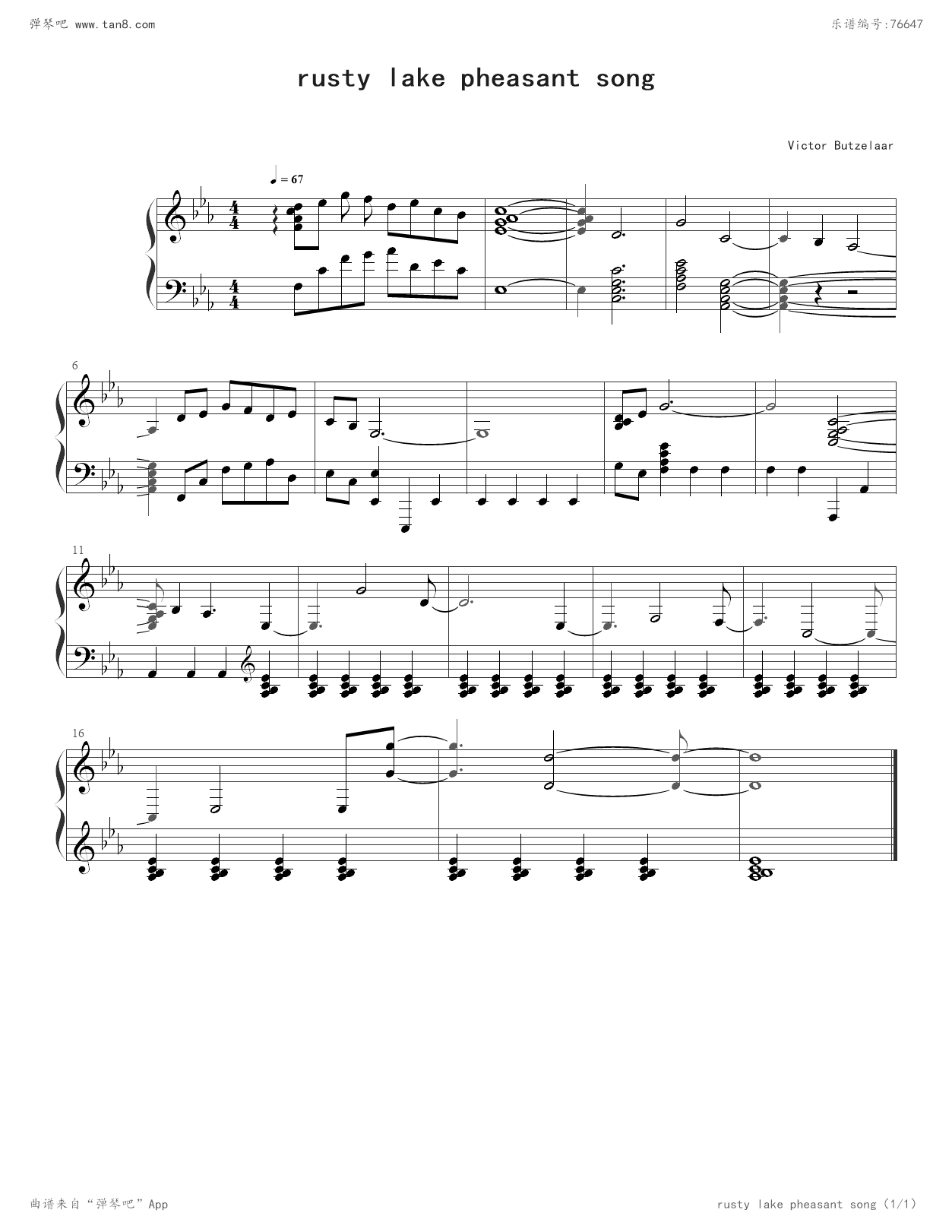 《rusty lake pheasant song,钢琴谱》锈湖旅馆 野鸡房间,Victor Butzelaar|弹琴吧|钢琴谱|吉他谱|钢琴 ...