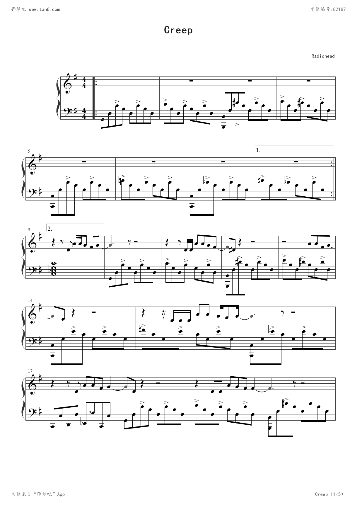 《Creep,钢琴谱》Radiohead|弹琴吧|钢琴谱|吉他谱|钢琴曲|乐谱|五线谱|简谱|高清免费下载|蛐蛐钢琴网