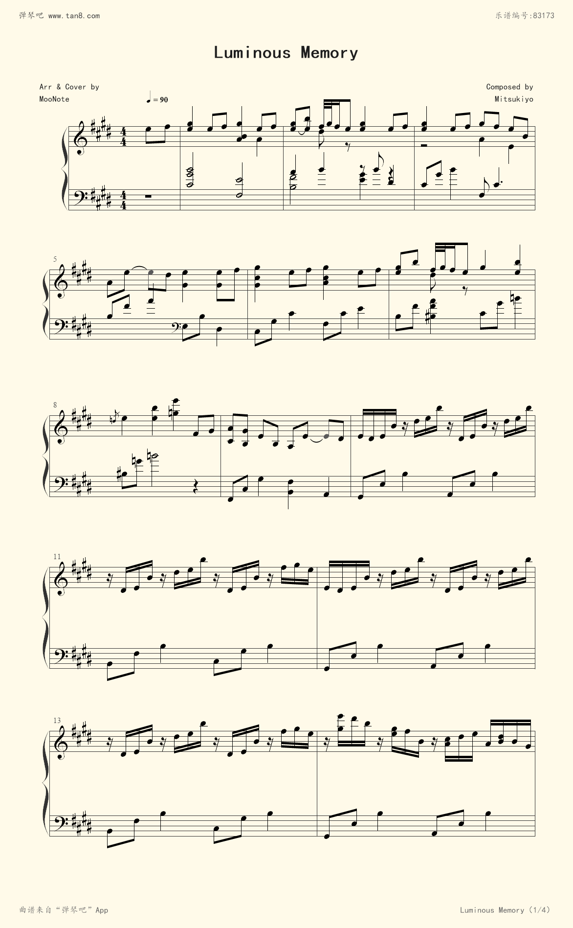 碧蓝档案]白洲梓-Luminous Memory,钢琴谱》MooNote（五线谱 简谱 钢琴曲 指法）-弹琴吧|蛐蛐钢琴网