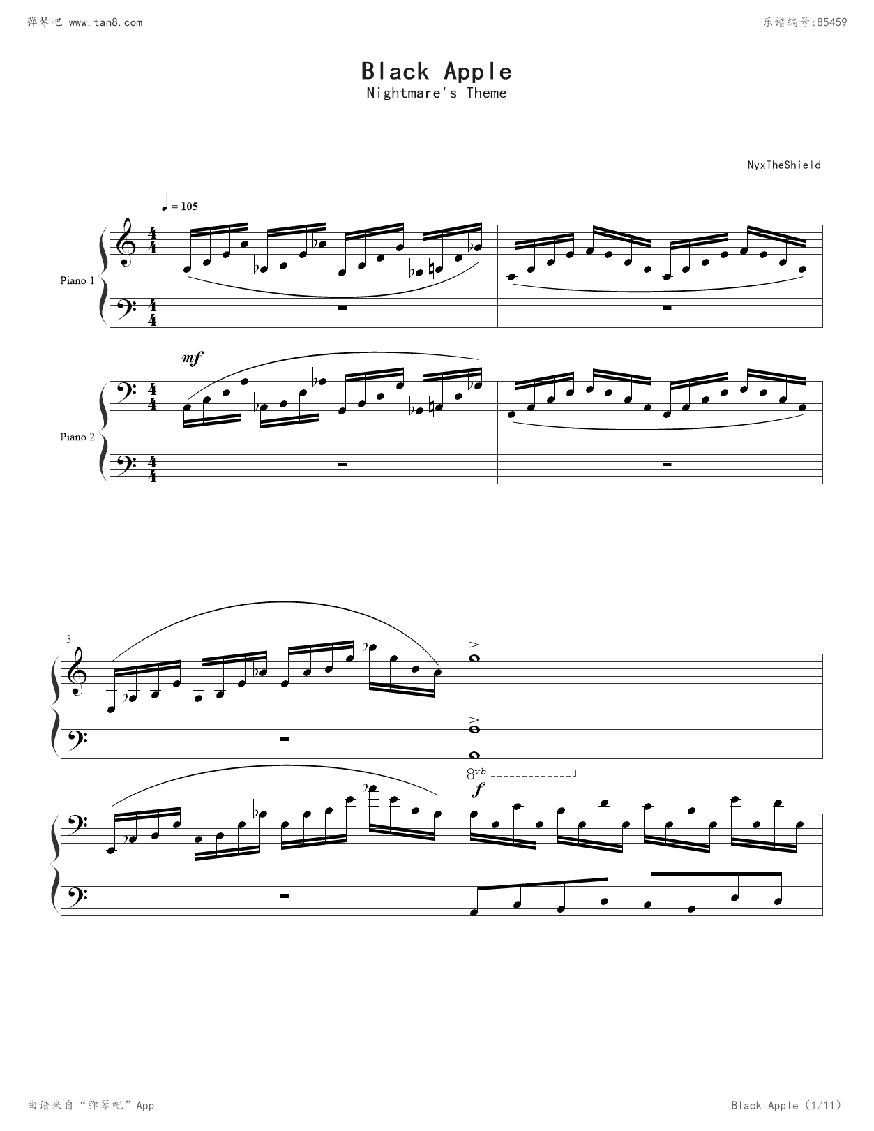《Black Apple_Nightmare s Theme,钢琴谱》NyxTheShield|弹琴吧|钢琴谱|吉他谱|钢琴曲|乐谱|五线谱|简谱|高清免费下载|蛐蛐钢琴网
